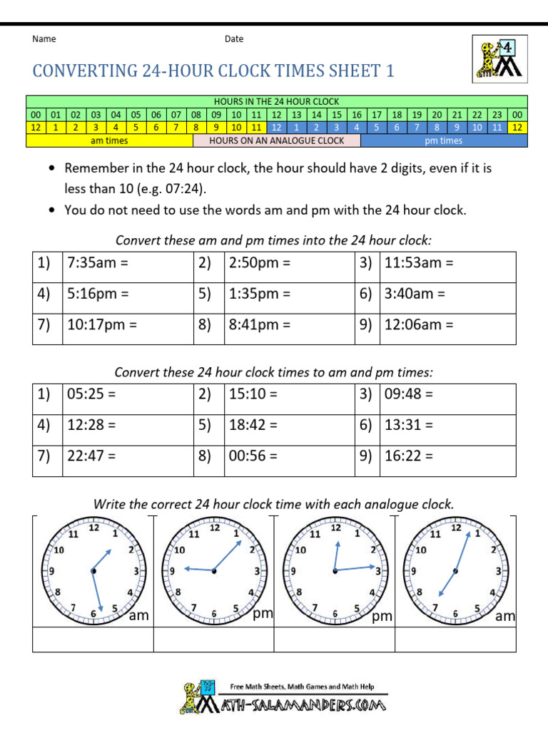 24-Hour Clock Conversion Guide | PDF | Science & Mathematics ...