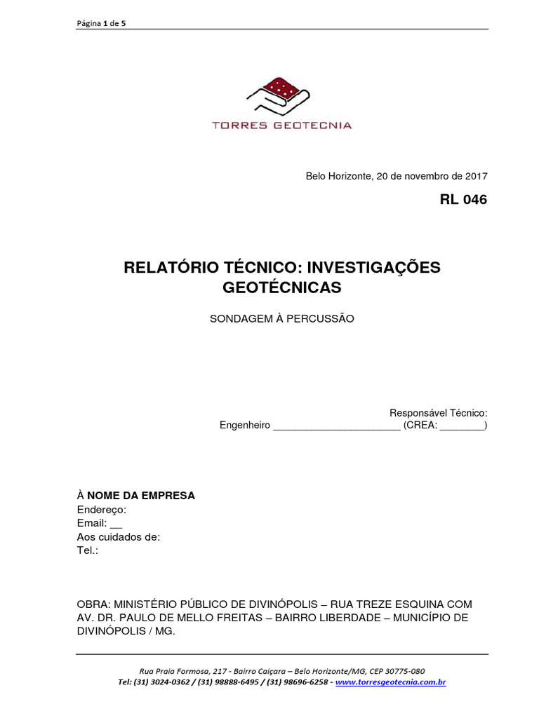 RL 046 Relatório de Sondagem Ministério Público de Divinópolis MG | PDF | Solo | Materiais