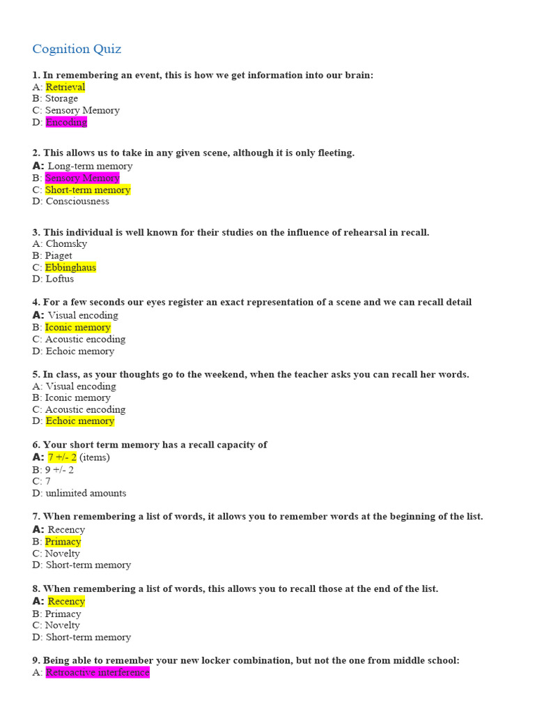 Cognition Quiz | PDF | Memory | Recall (Memory) Cognition Quiz | PDF | Memory | Recall (Memory)