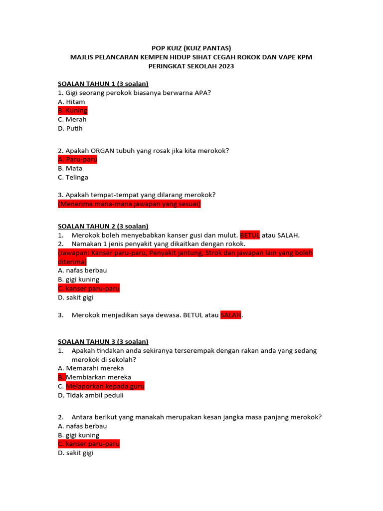 POP KUIZ Anti Dadah Dan Rokok | PDF