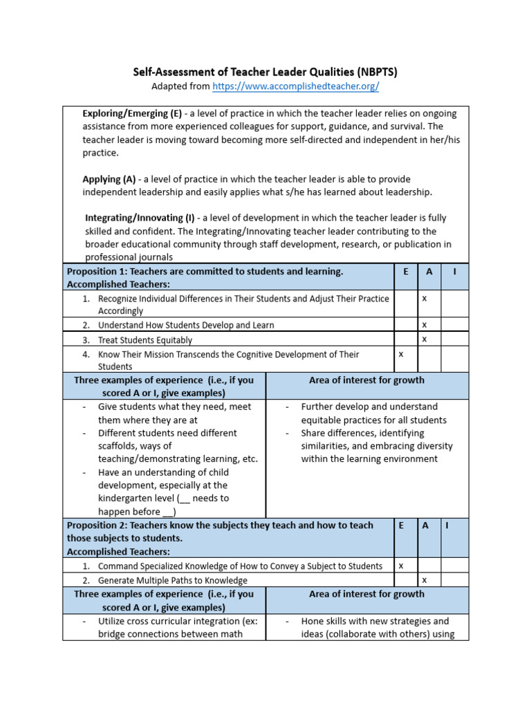 timmcaitlin nbpts initselfassessment | PDF | Teachers | Learning