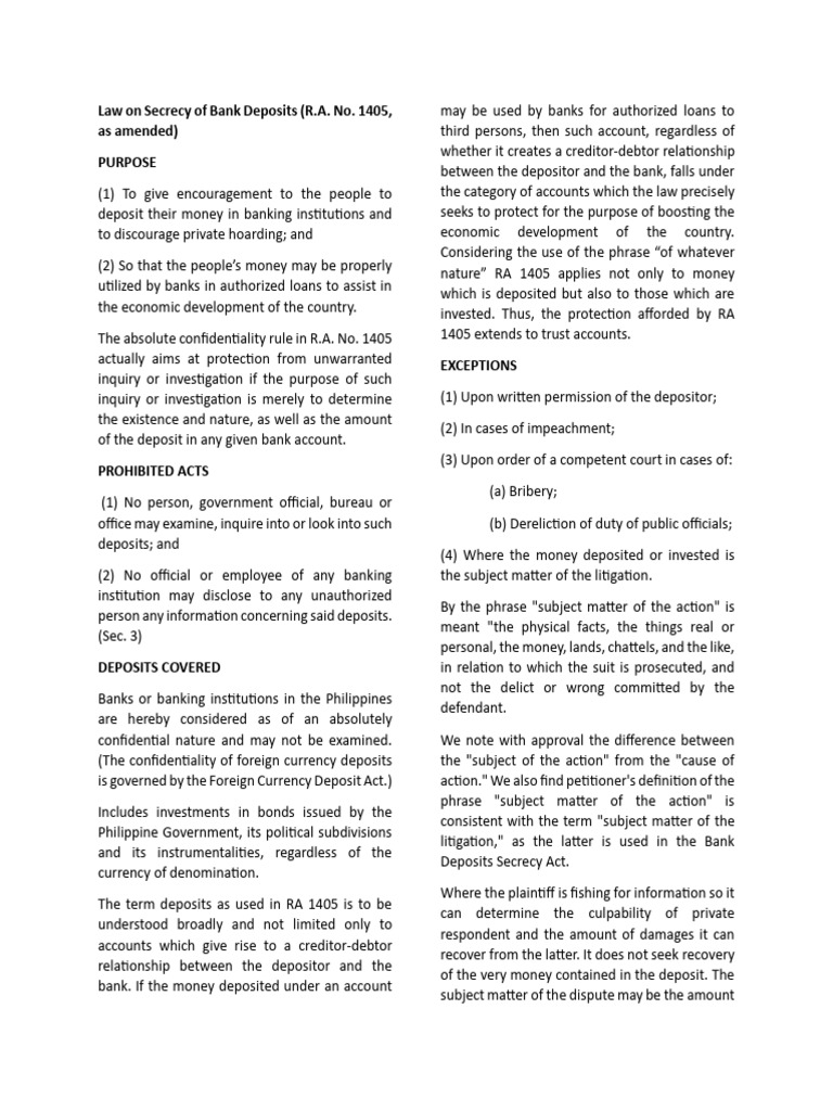 PDIC, Secrecy of Bank Deposit and Anti Money Laundering | PDF | Money ...