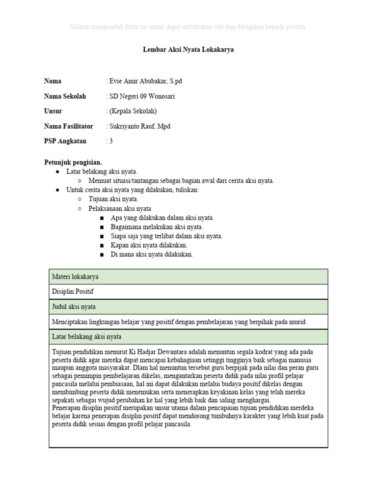 Lembar Aksi Nyata Lokakarya Evie Amir Abubakar | PDF