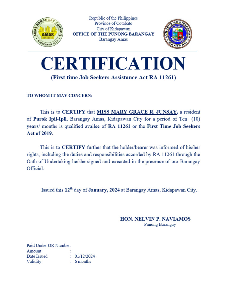 Certificate of First Time Job Seeker | PDF