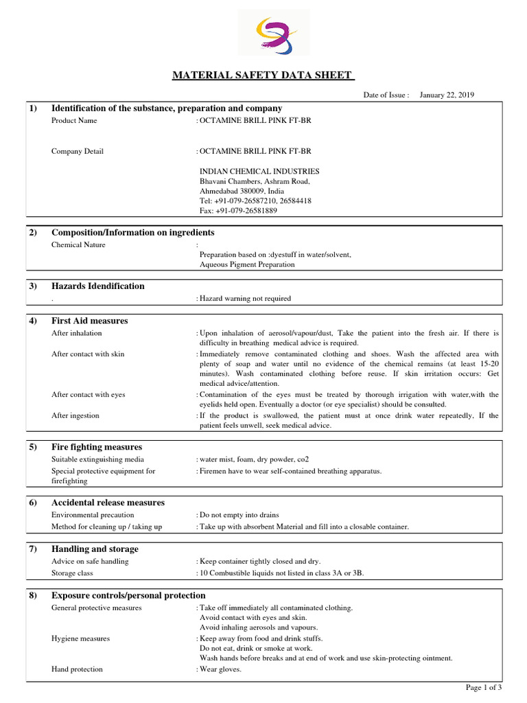 Octamine Brill Pink FT-BR Safety Data | PDF | Firefighter | Water