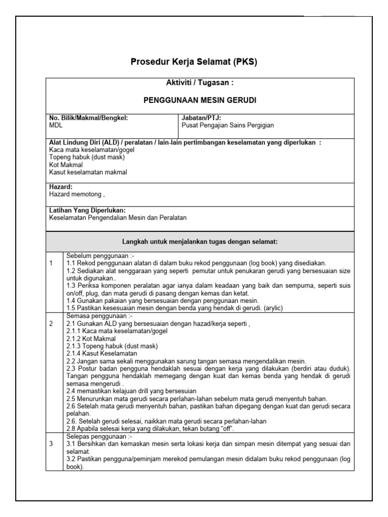 Contoh Prosedur Kerja Selamat Mesin Gerudi) | PDF