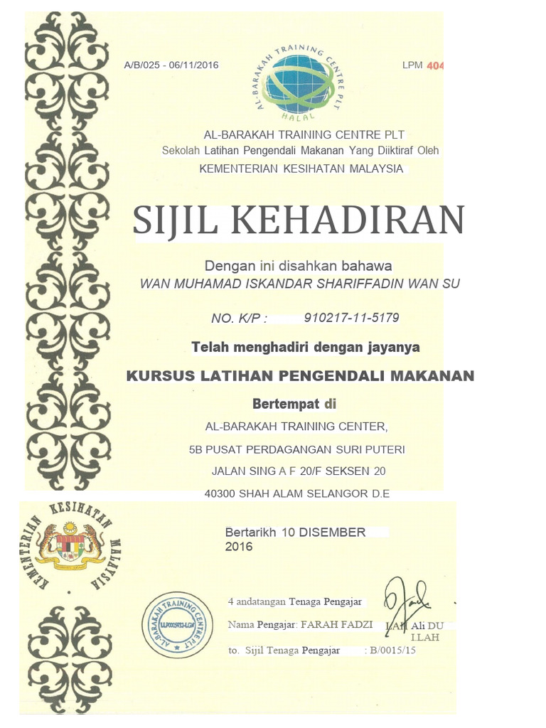 Sijil Pengendalian Makanan | PDF