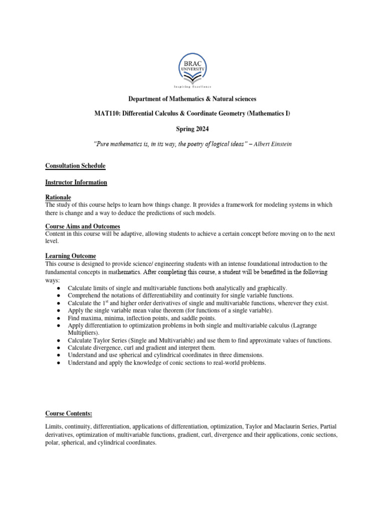 Mat110 Course Outline Spring2024 | PDF | Differential Calculus | Derivative