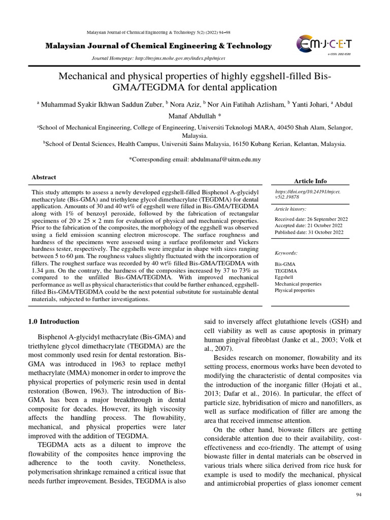 Eggshell-Filled Bis-GMA/TEGDMA for Dentistry | PDF | Dental Composite ...
