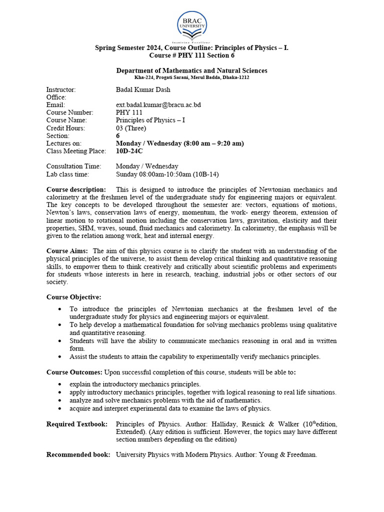Course Outline PHY-111(6) SP2024 | PDF | Newton's Laws Of Motion ...