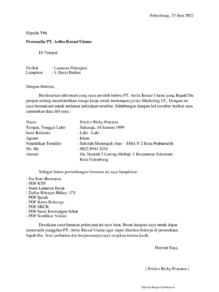 Berkas Lamaran PT. Artha Kreasi Utama - Compressed | PDF