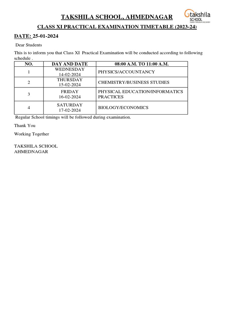 Class XI Practical Exam Schedule 2024 | PDF