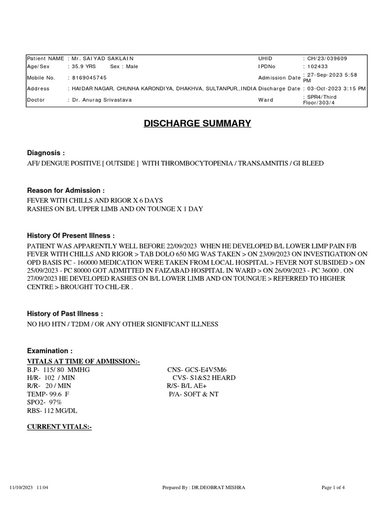 Discharge Summary: Diagnosis | PDF | Medicine | Diseases And Disorders