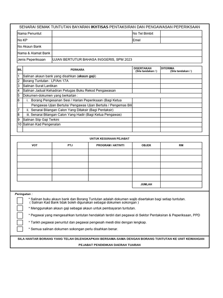 Borang Tuntutan Ikhtisas Ujian Bertutur Bahasa Inggeris (SPM 2023) | PDF