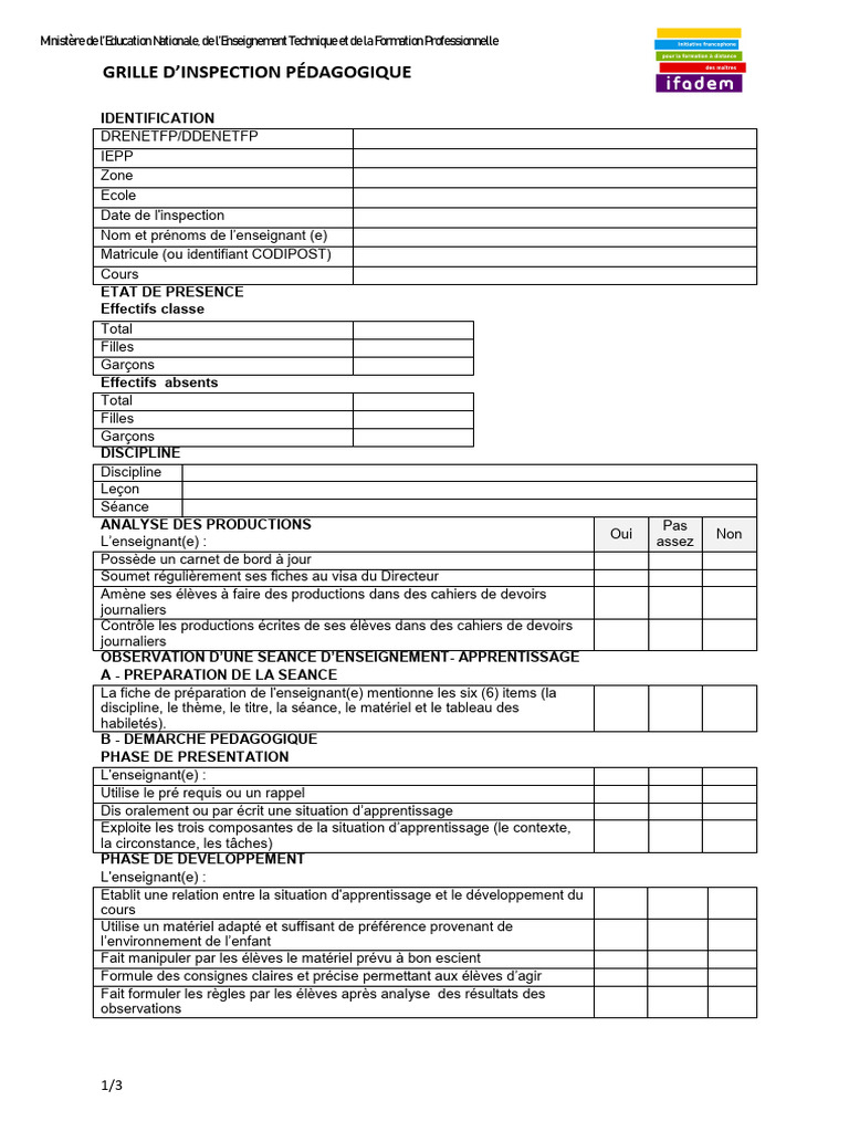 Grille d'Inspection Pédagogique | PDF | Pédagogie | Apprentissage
