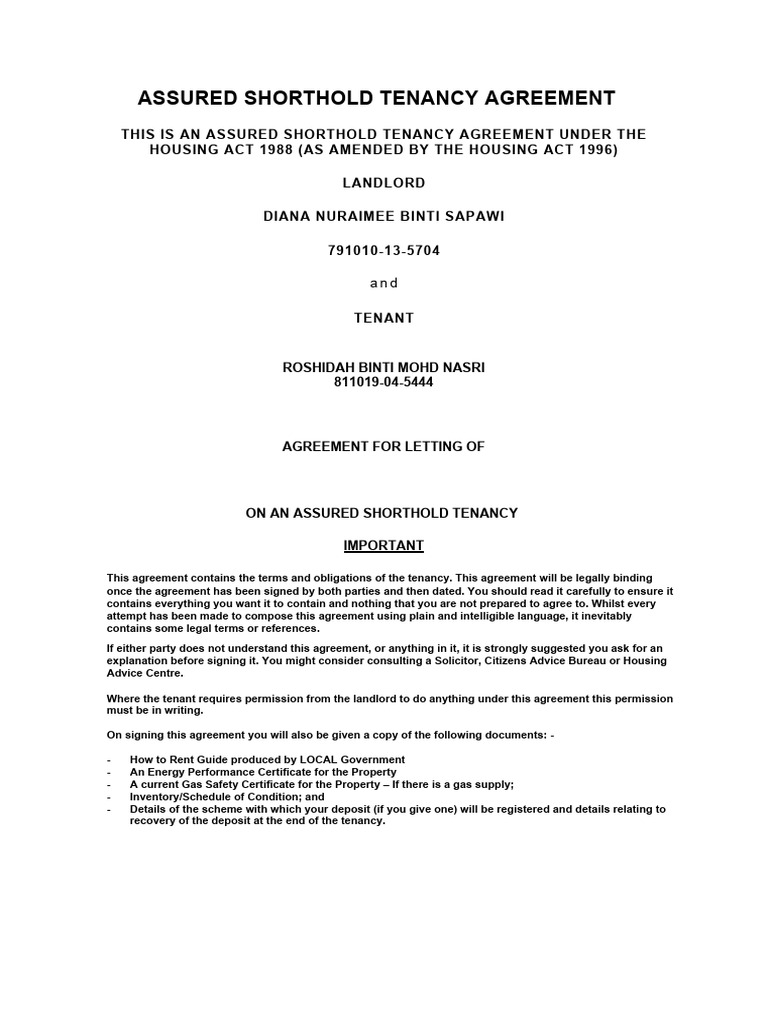 Assured Shorthold Tenancy Agreement | PDF | Leasehold Estate | Landlord
