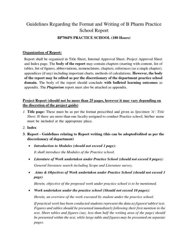 Guidelines and Format For Writing of B Pharm Practice School Report - 26.10.2023 | PDF | Written ...