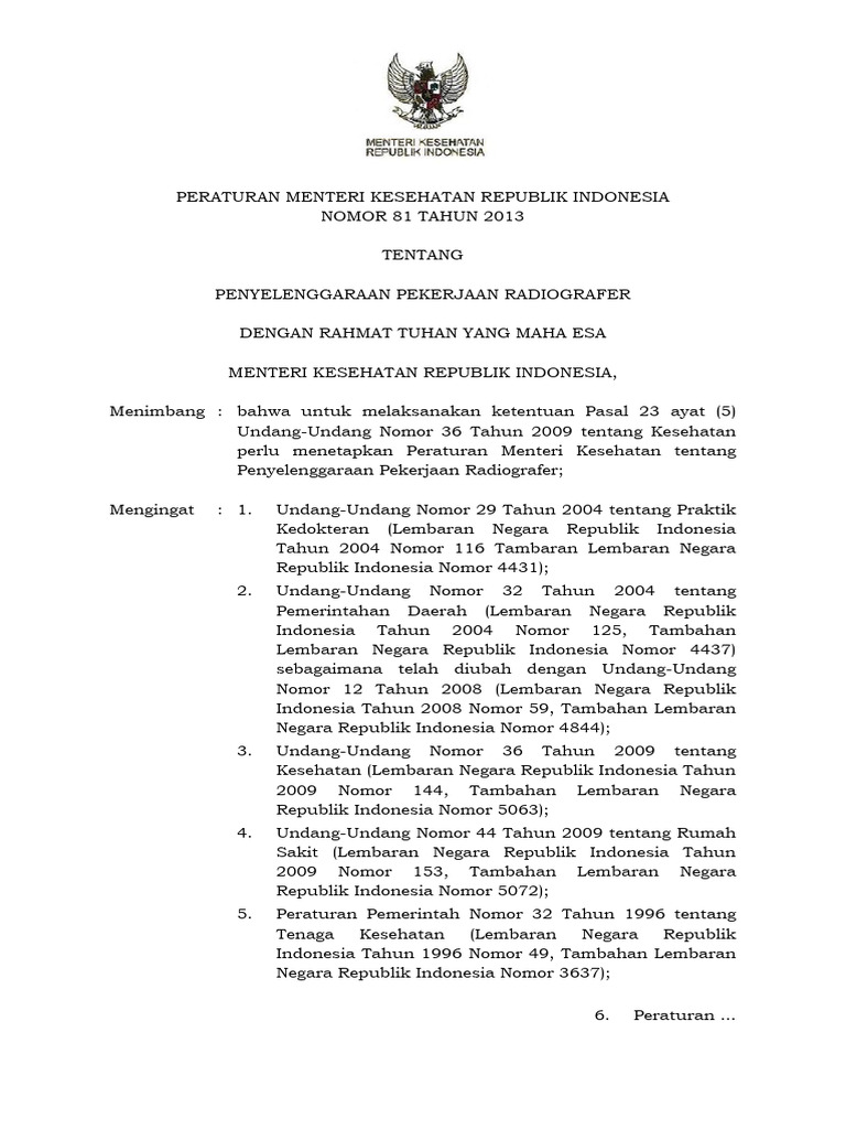 PMK No. 81 TTG Penyelenggaraan Pekerjaan Radiografer | PDF