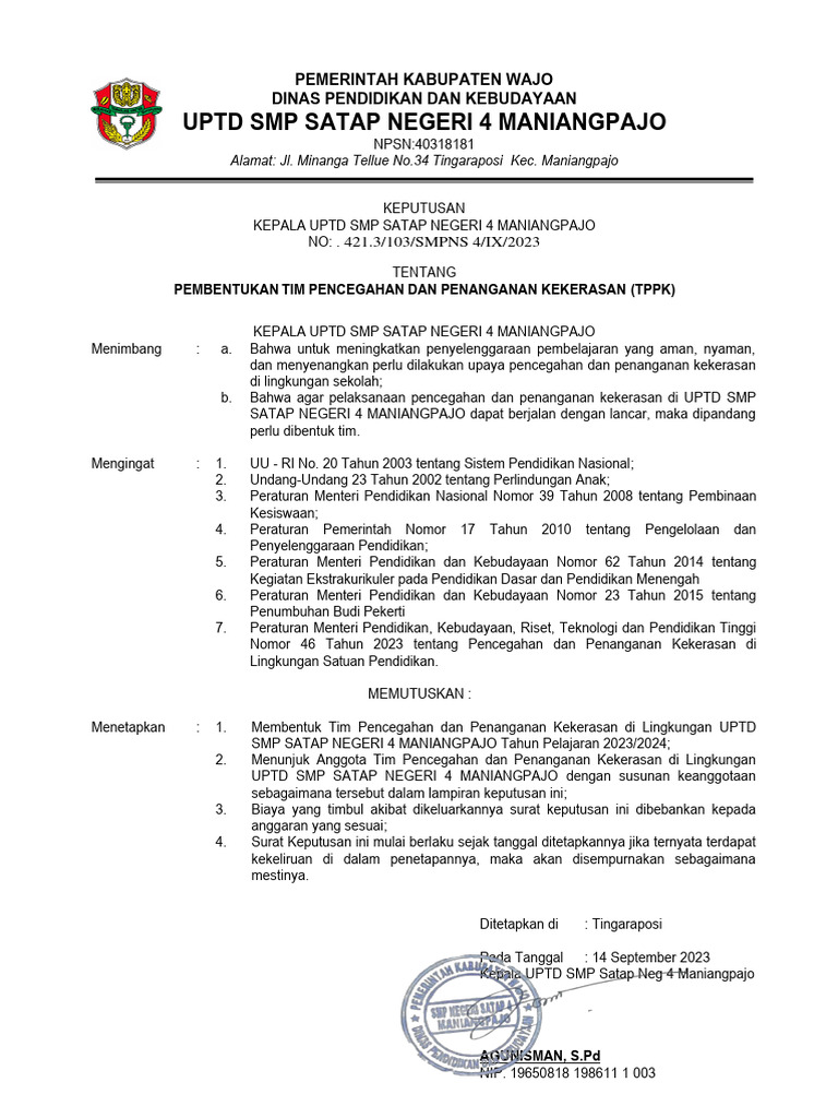 SK Tim Pencegahan Dan Penanganan Kekerasan Di Lingkungan Satuan Pendidikan Satap 4 MPJ | PDF