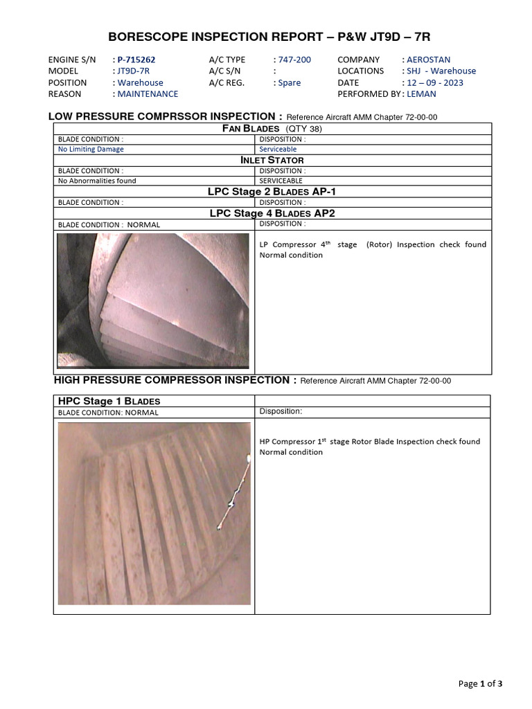 Engine Borescope Report Jt9d - 7r SN p715262 | PDF | Turbine ...