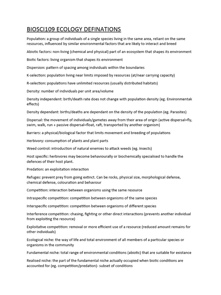 BIOSCI109 ECOLOGY DEFINiTIONS | PDF | Ecosystem | Evolution