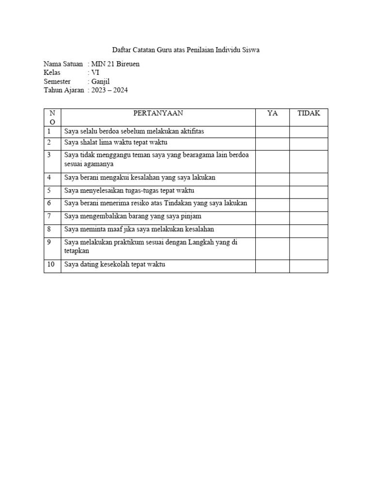 Daftar Catatan Guru Atas Penilaian Individu Siswa | PDF | Pengembangan Diri