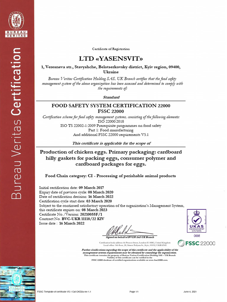 LTD Yasensvit : Food Safety System Certification 22000 FSSC 22000 | PDF ...