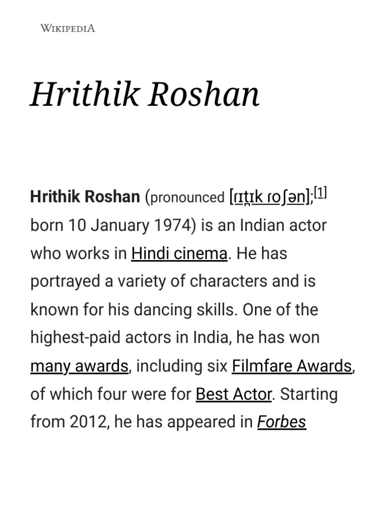 Hrithik Roshan - Wikipedia | PDF | Cinema Of India