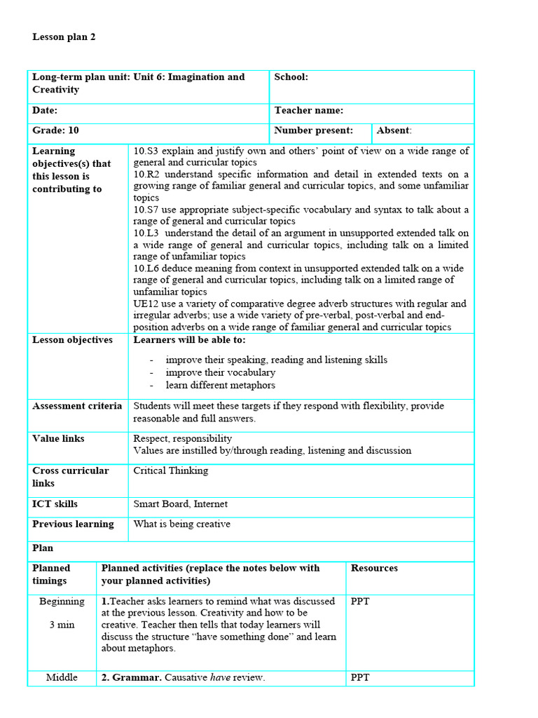 English_10 Grade_ Unit 6_ Imagination and Creativity_Lesson Plan 2 ...