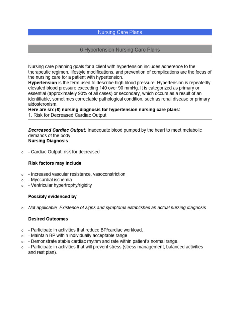 Hypertension Nursing Care Plan Nk Pdf Hypertension Blood Pressure