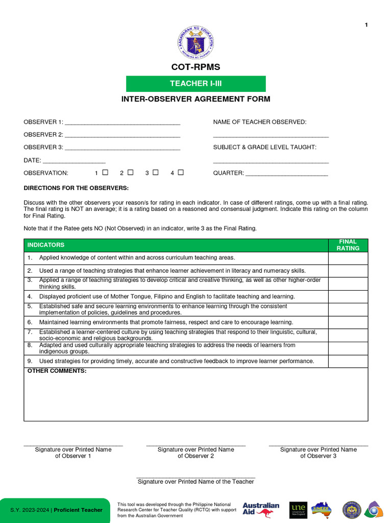 Appendix C 10 COT RPMS Inter Observer Agreement Form For T I III For SY ...