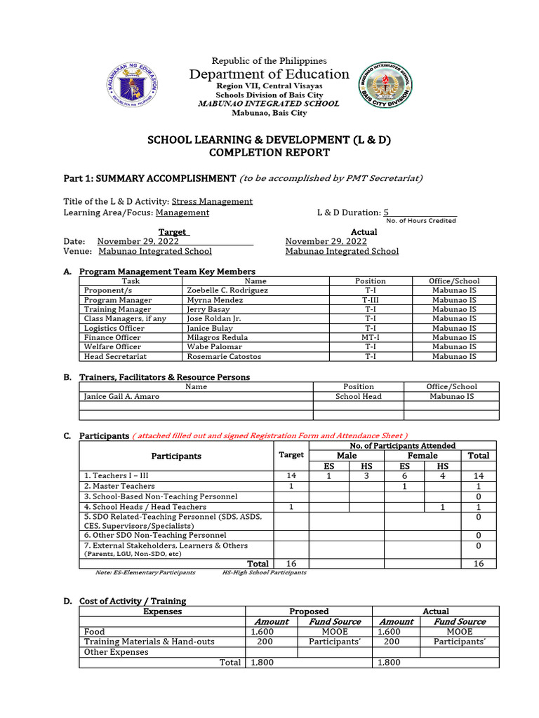 School-L-D-Completion-Report | PDF | Cognition | Behavior Modification