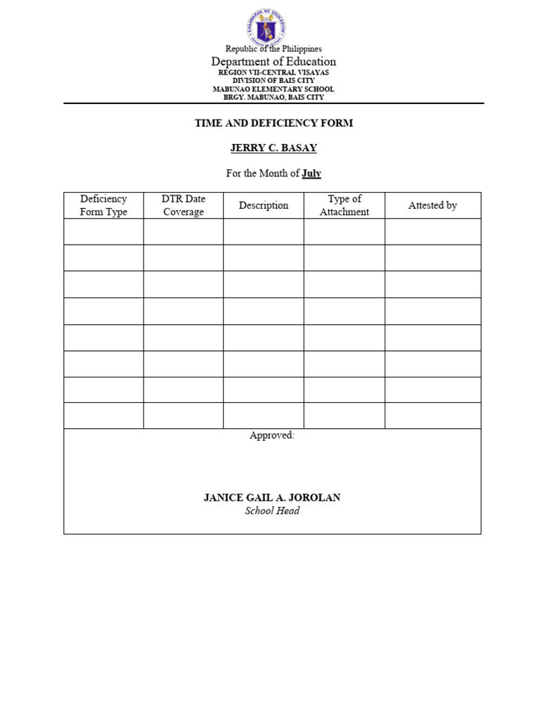 Mabunao Elementary School Deficiency Form | PDF