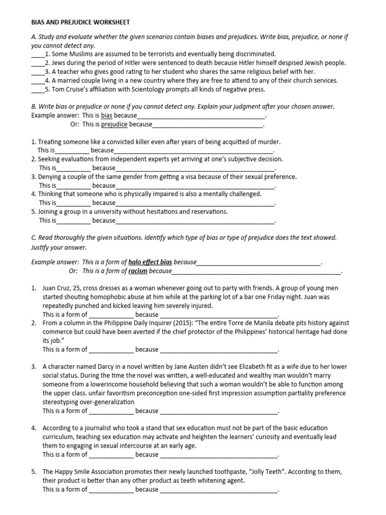 Bias and Prejudice Worksheet | Download Free PDF | Prejudices | Bias