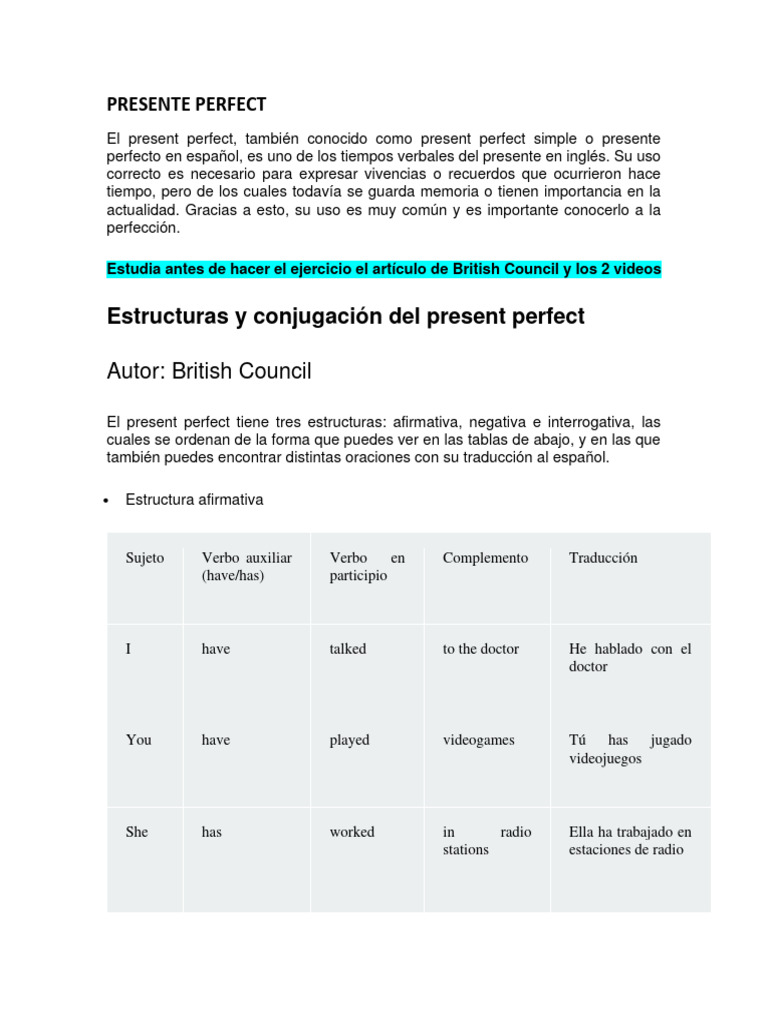 Presente Perfecto | PDF | Verbo | Morfología Lingüística