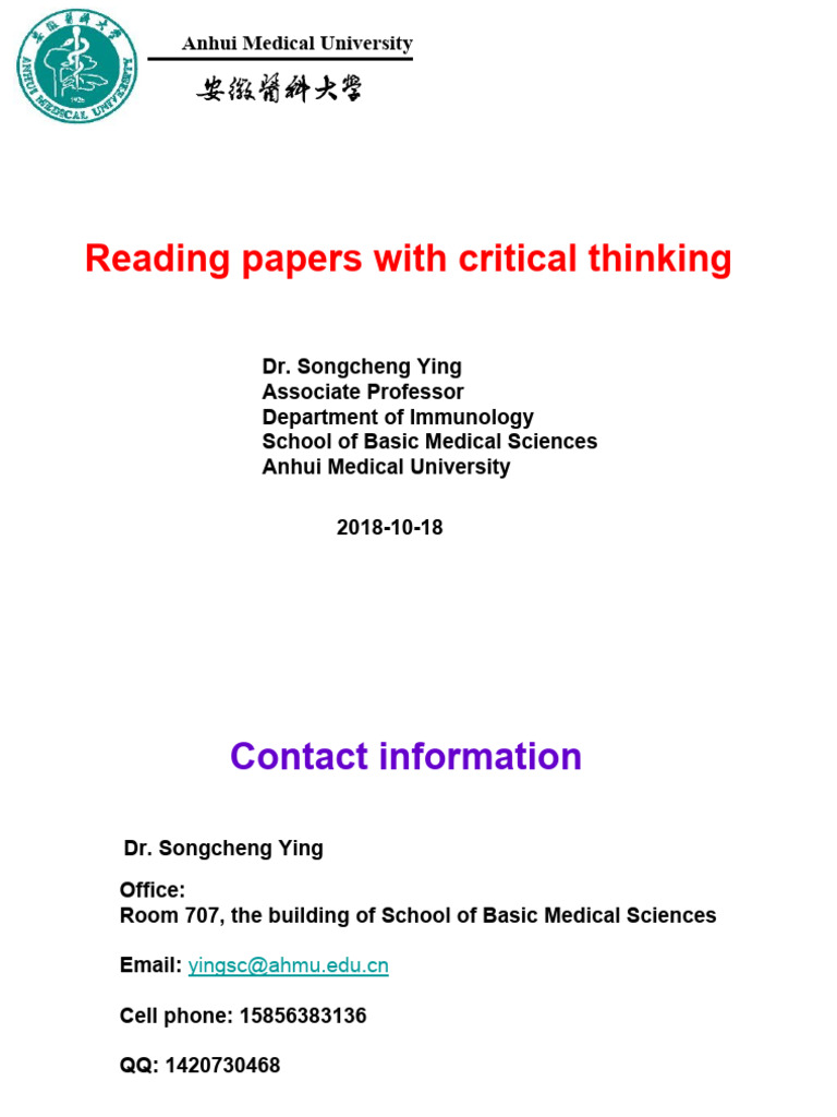 4 - Songcheng Ying - Reading Papers With Critical Thinking18oct61 | PDF | Interleukin 6 ...
