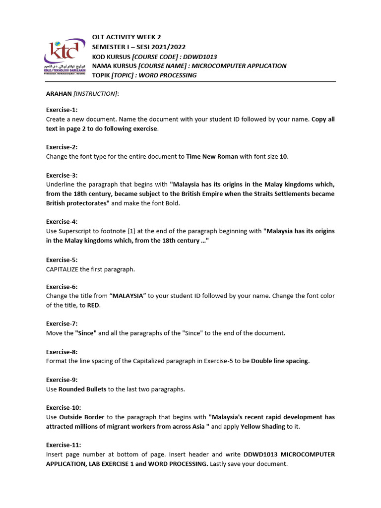 Word Processing Exercises Guide | PDF | Malaysia | Asia