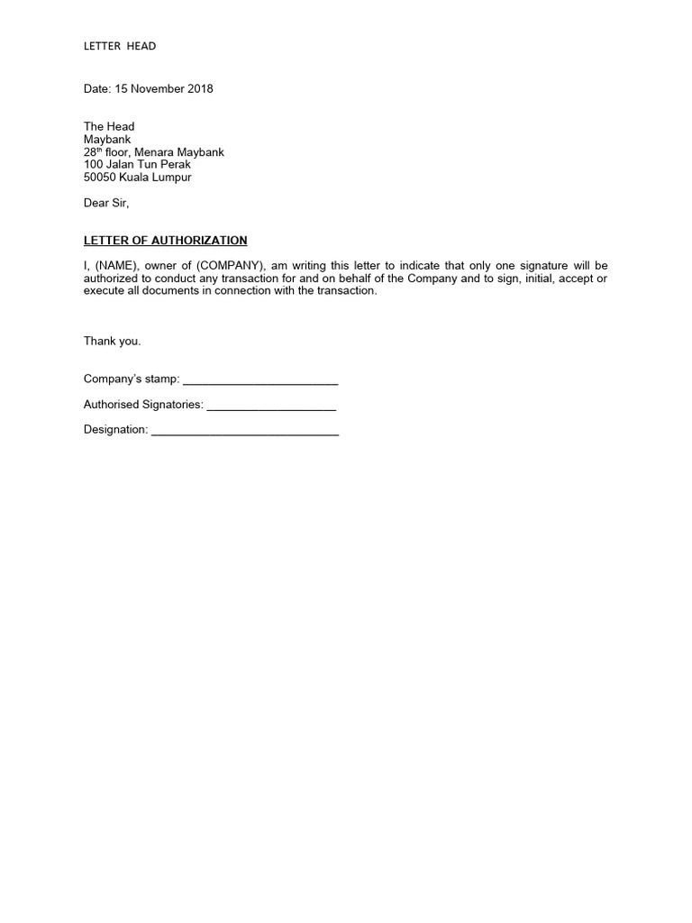 Letter of Authorisation Single Signature SAMPLE | PDF