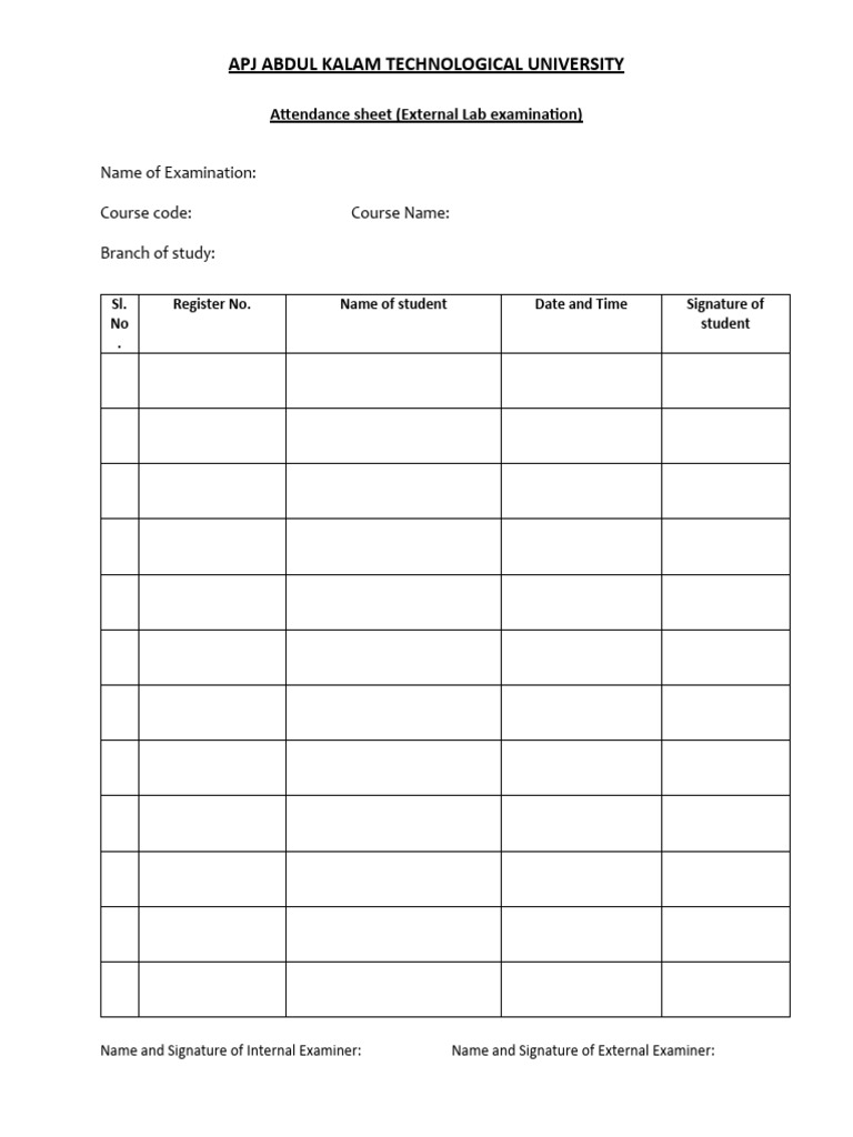 External Lab Exam Attendance Sheet | PDF | Technology & Engineering