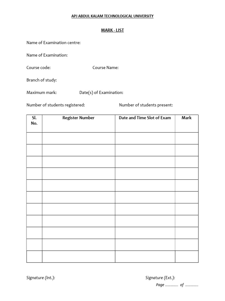 Format of Mark List - Ext Lab Exam | PDF