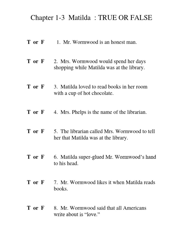 Matilda Chapters 1-3: True or False Quiz | PDF