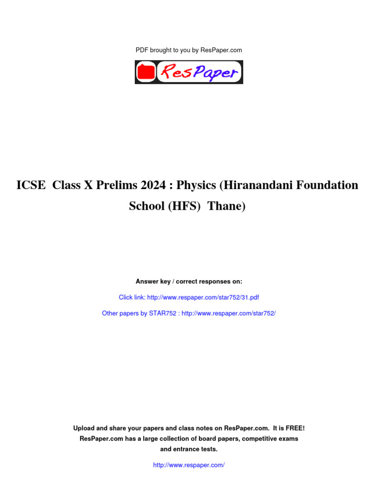 ResPaper ICSE Class X Prelims 2024 Physics (Hiranandani Foundation ...