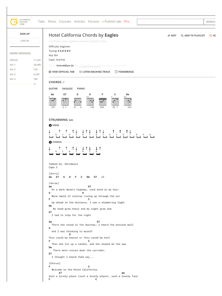 HOTEL CALIFORNIA CHORDS&LYRICS - Tabs.ultimategtr | PDF | Song ...