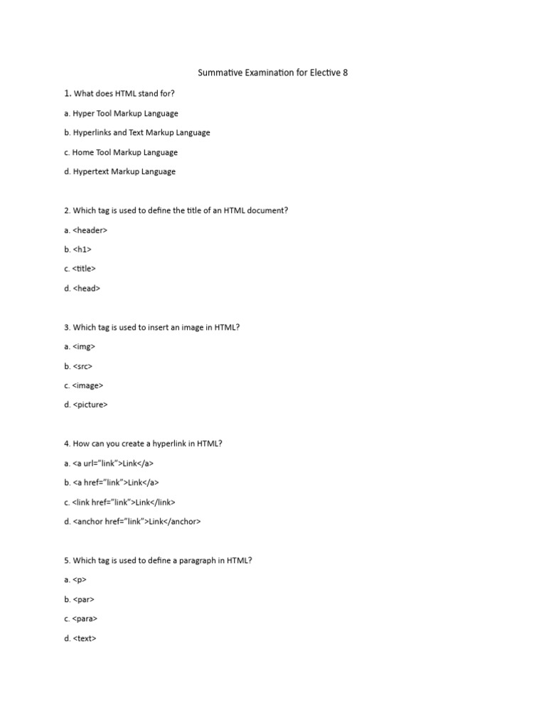 Summative Exam For Elective 8 | PDF | Html Element | Hyperlink