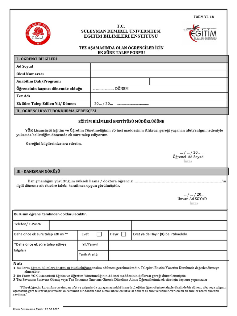 Form Yl 18 Tez Asamasinda Olan Ogrenciler Icin Ek Sure Talep Formu ...