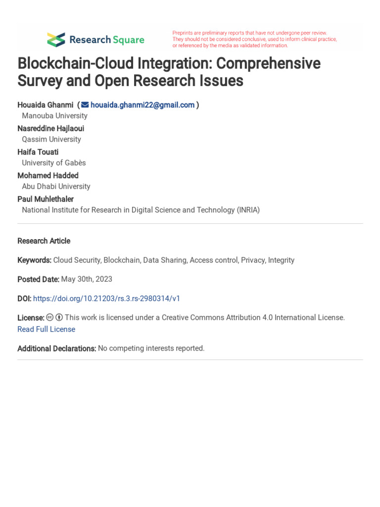 Blockchain Cloud Integration Comprehensive Survey and Open Research Issues | PDF | Cloud ...