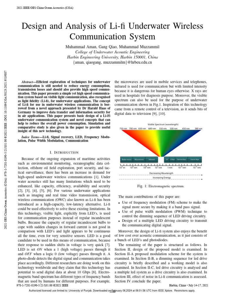 Design And Analysis Of Li Fi Underwater Wireless Communication System Pdf Modulation Light