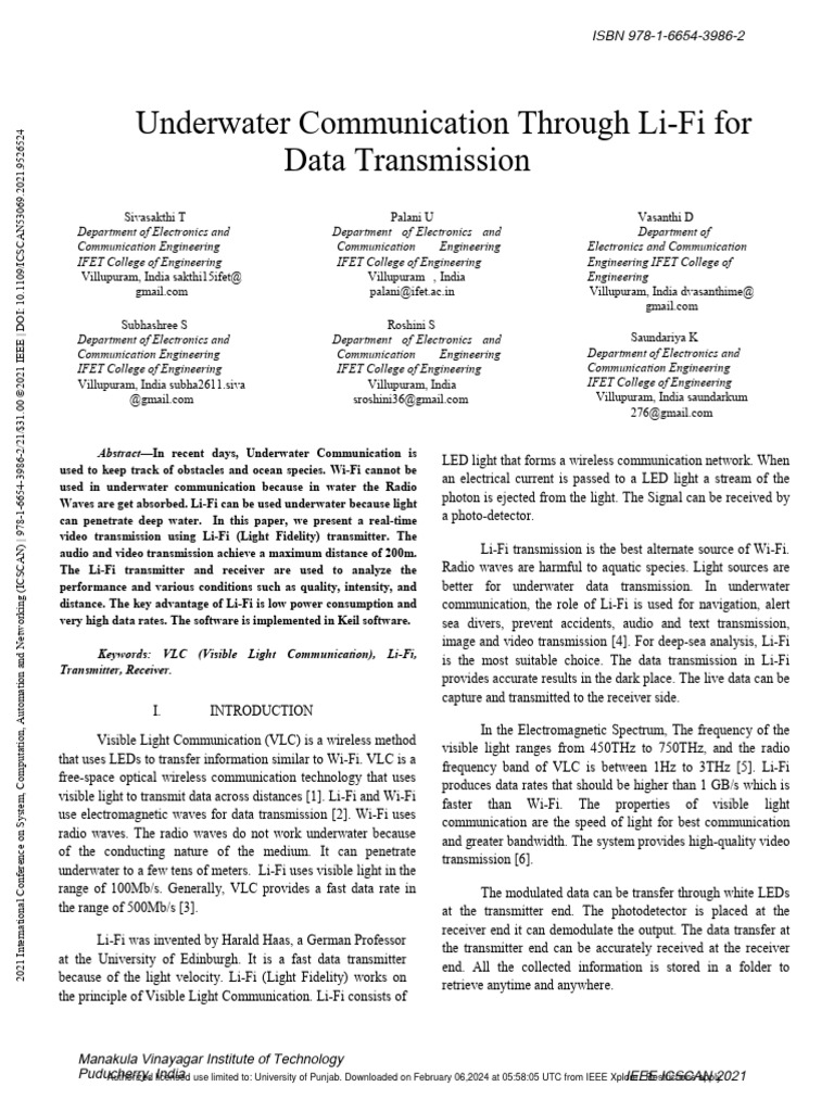 Li-Fi for Underwater Data Transfer | PDF | Radio | Computer Science