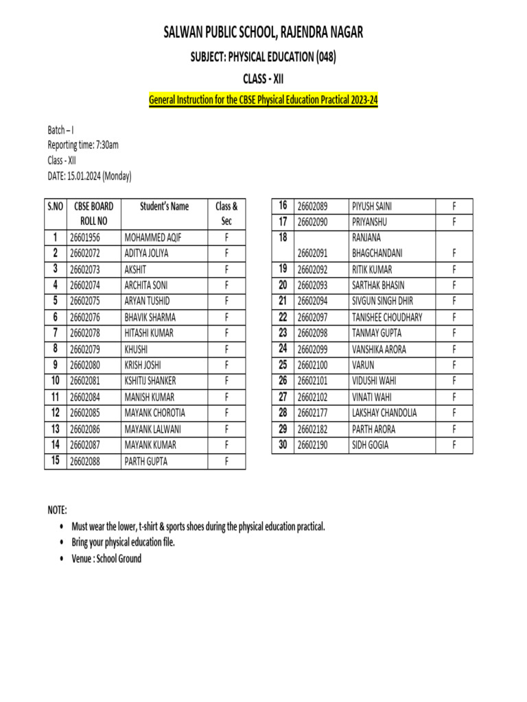 Physical Education Practical Schedule 2023-24 | PDF