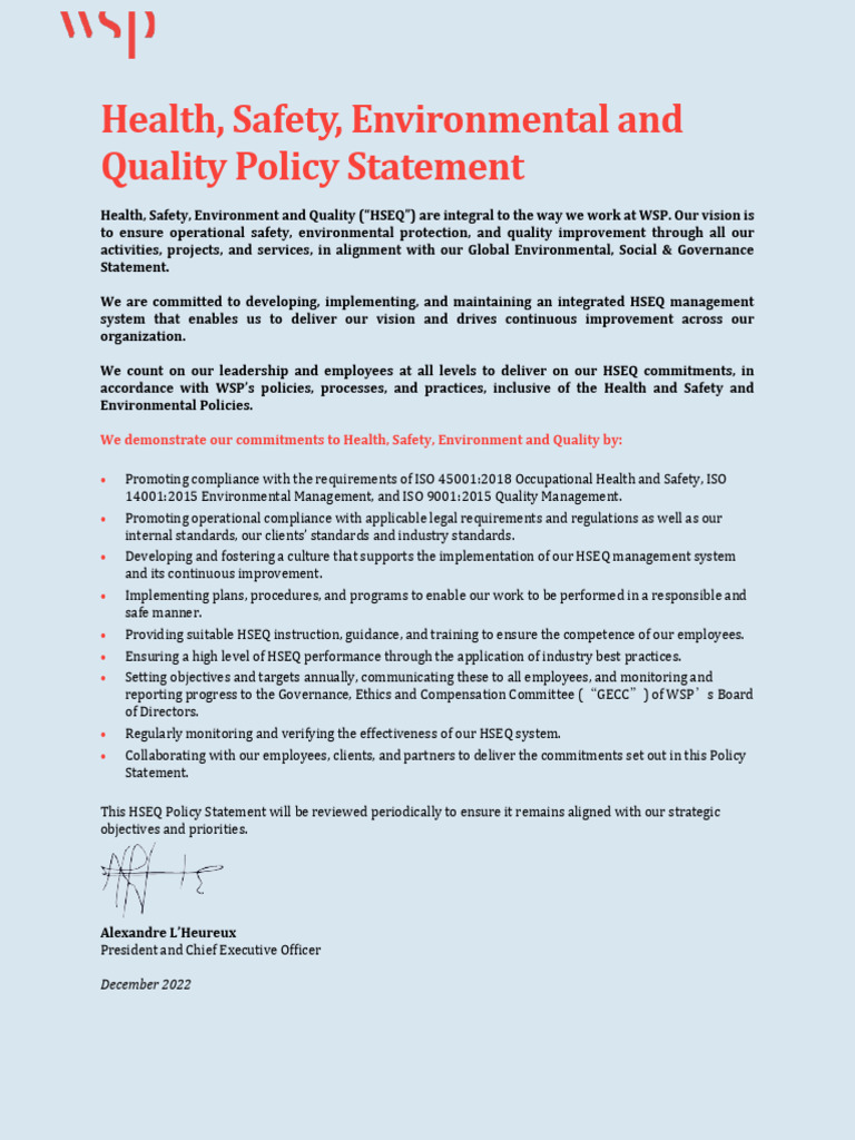 Policy Health Safety WSP | PDF | Policy | Quality Management